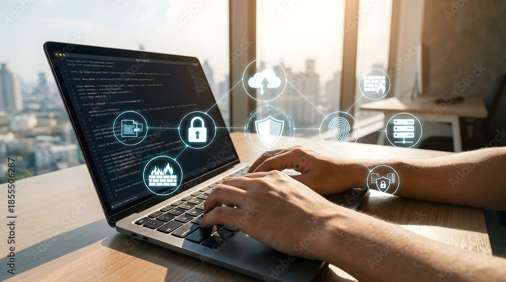 Software,developer,working,on,laptop,with,advanced,cybersecurity,and ...