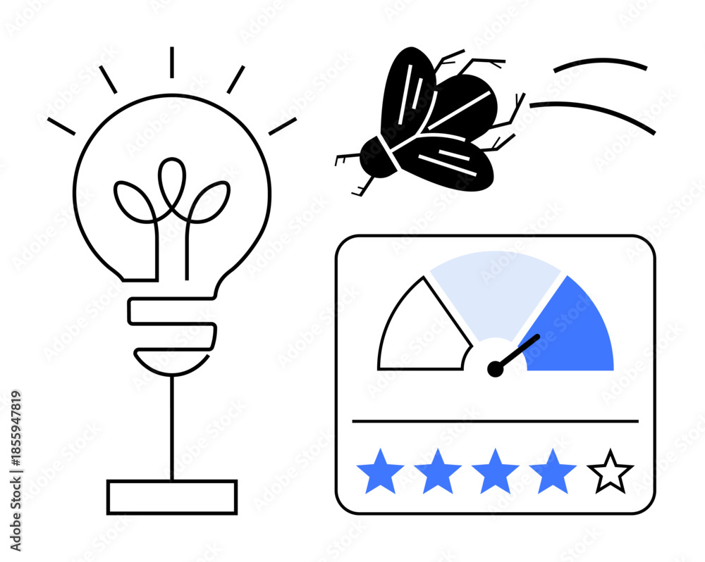 Innovation concept. Innovation with a lightbulb, a flying insect ideas ...
