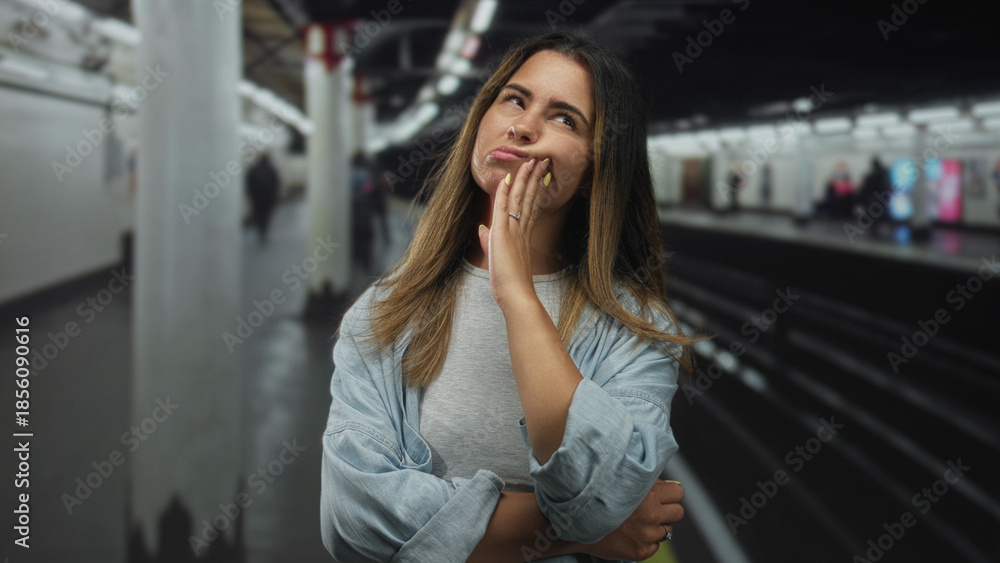 Teenage woman touching cheek and showing middle finger on a subway ...