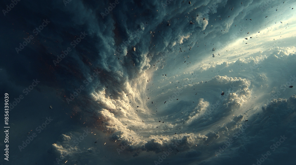 Natural disaster depiction featuring violent storm rotation, airborne ...