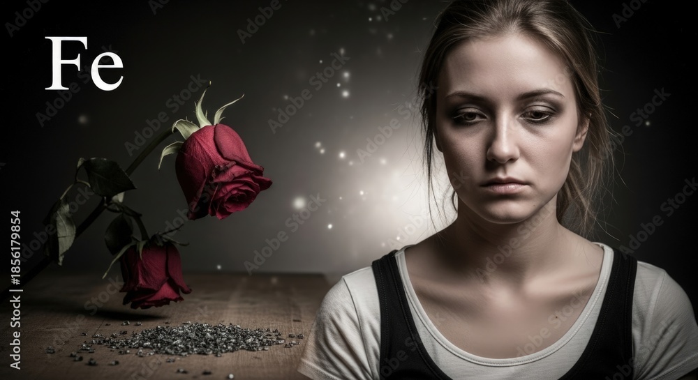 Illustration Stock Young woman with somber expression reflecting on Fe ...
