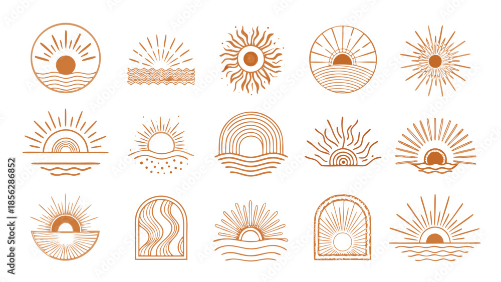 Vetor Bohemian sun. Abstract boho suns and arc windows, sunburst ...