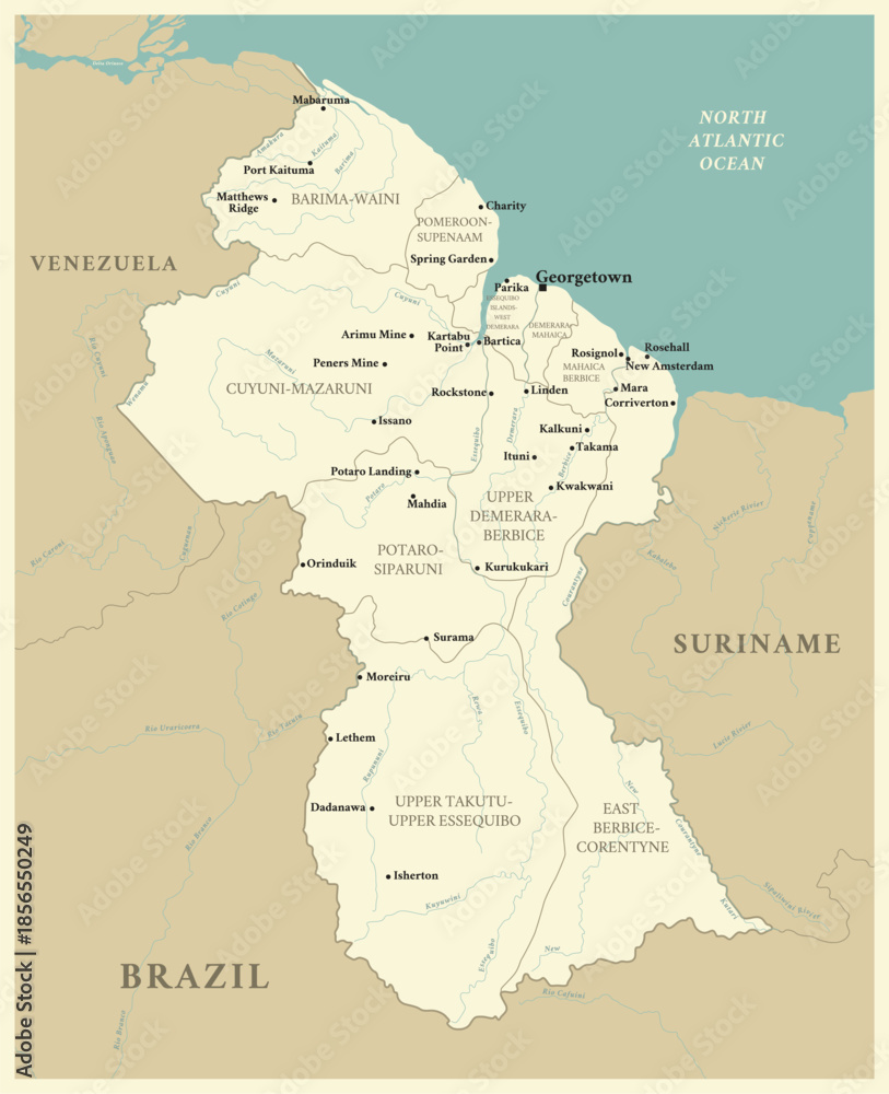 Guyana. Detailed map of the country with regions, cities, rivers, and ...