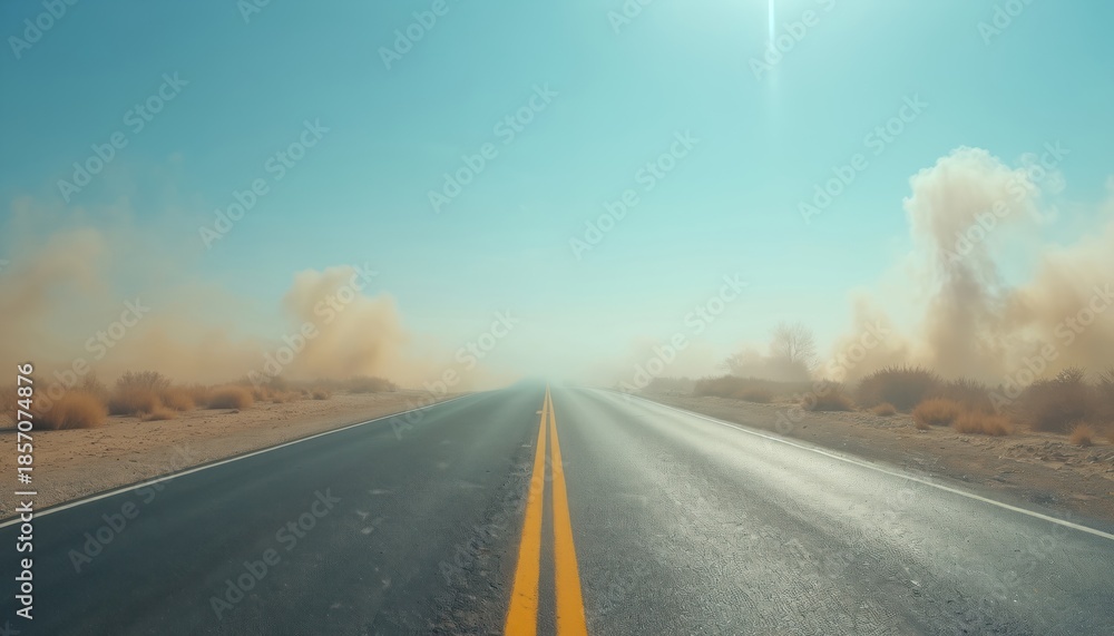 Empty desert road with yellow lines disappearing into hazy dust clouds ...