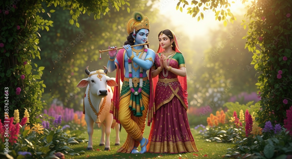 Radha Krishna with Cow in Vrindavan Garden Devotional 3D Art Stock ...