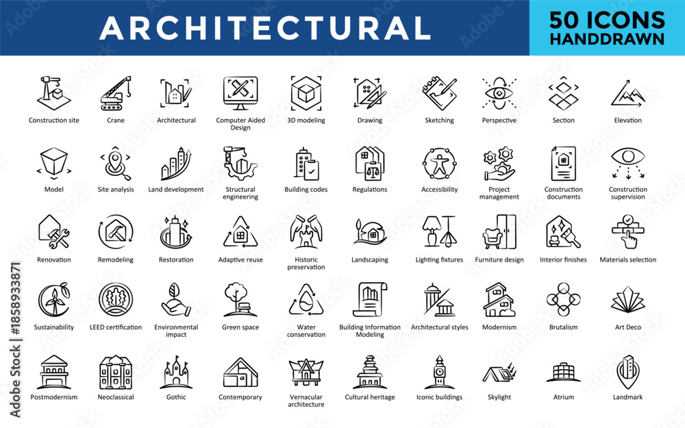 Architectural icons set with skylight, atrium, contemporary, vernacular ...