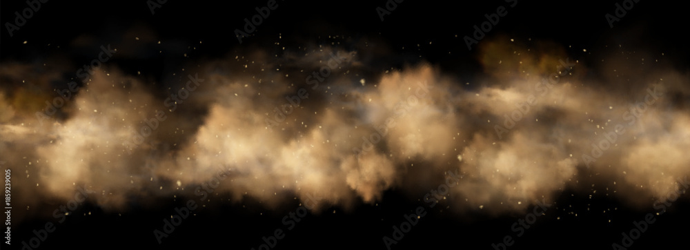 Sand storm cloud with flying dust particles on black background - brown ...