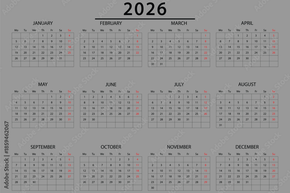 Monthly calendar layout for 2026 year. Diary planner for 2026 year ...