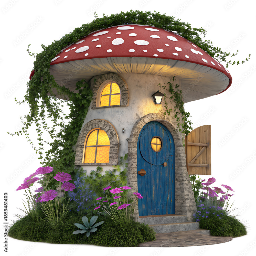 Whimsical Colorful Mushroom House Cottage with Spiral Stairs - Vibrant ...