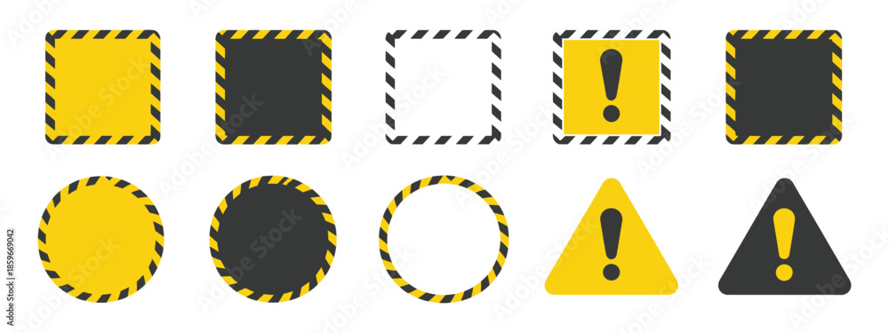 Yellow black caution sign, warning round and square banners, attention ...