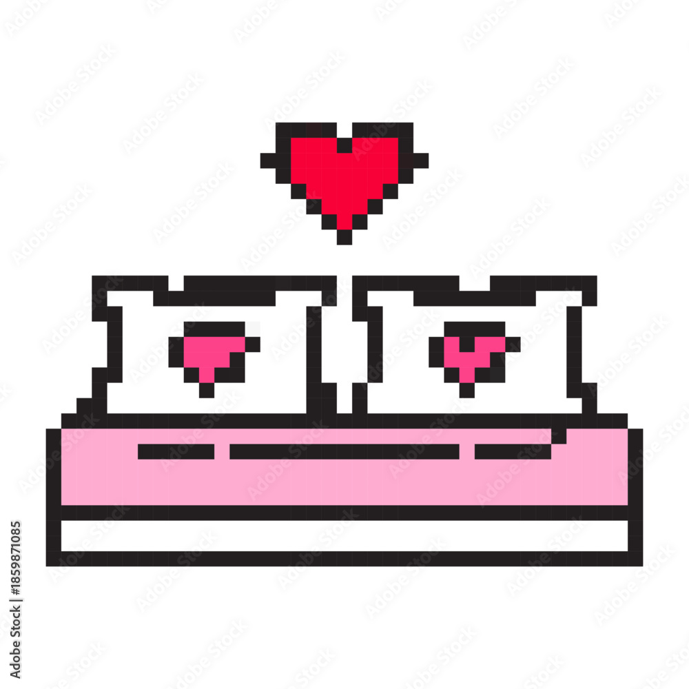 Pixel art double bed with heart for Valentine’s Day. Cute 8-bit ...