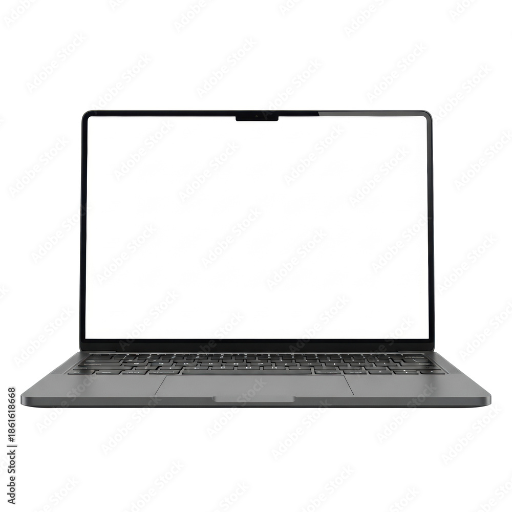 A modern dark gray laptop with a large blank white screen and thin ...
