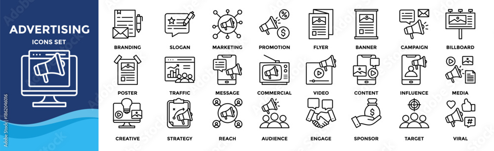 Advertising icon set collection. Icon pack contains advertising ...