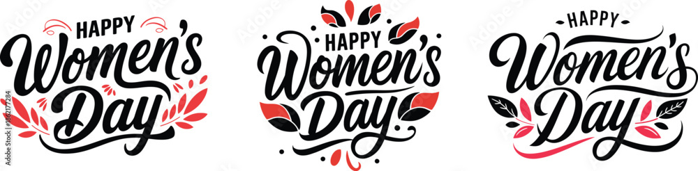 Happy Women's Day Calligraphy Set with Floral Elements and Elegant Hand ...