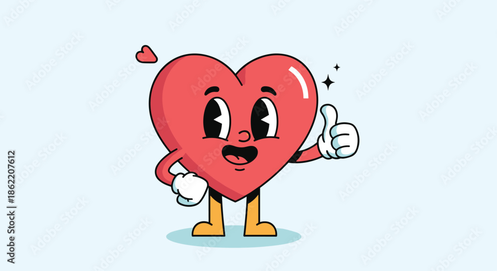 Happy cartoon heart character with a friendly face gives a thumbs up ...
