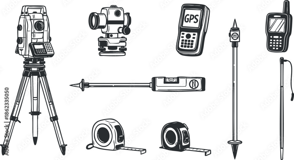 Detailed vector illustration set of surveying equipment including GPS ...