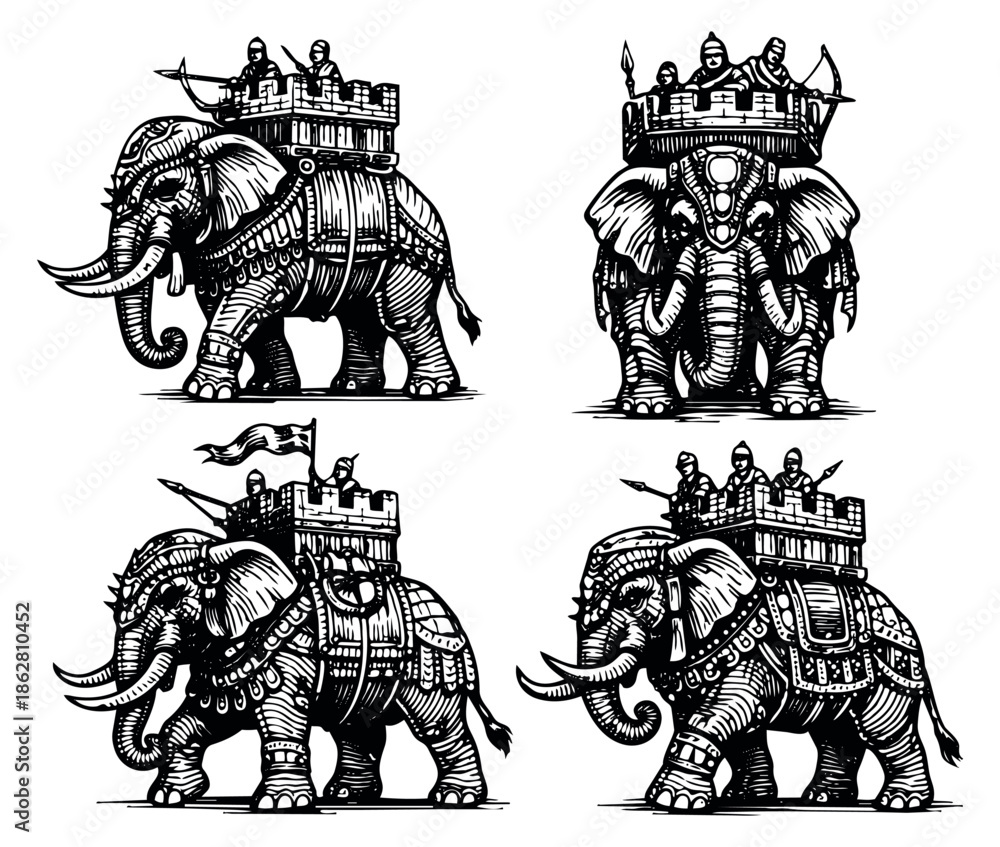 Hand drawn line art war elephant set featuring armored elephants with ...