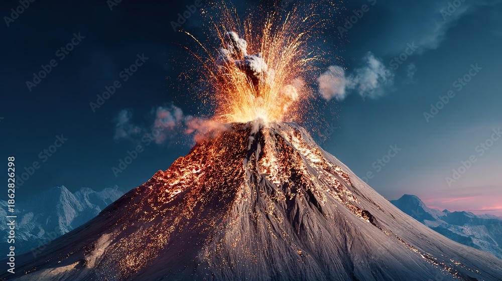 erupting. A powerful volcano erupting with lava and ash against the sky ...