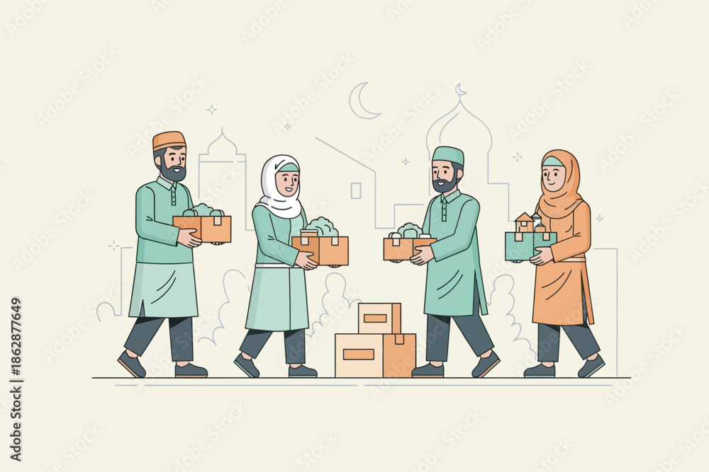 Flat Illustration of Muslim People Sharing Food and Charity During ...