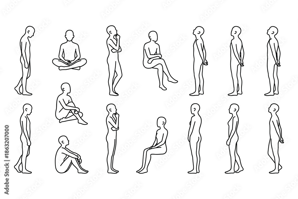 Human outline figure poses vector set, standing sitting meditation ...