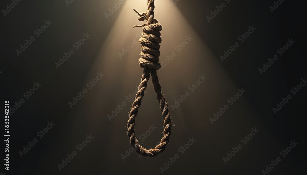 Foto de Stock Thick braided rope forms a hanging noose with tight knot ...