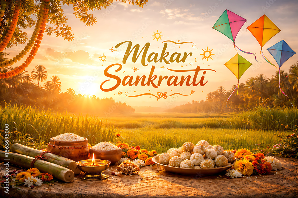 Happy Makar Sankranti Illustration with Kite, Tilgul, Pooja Thali and ...