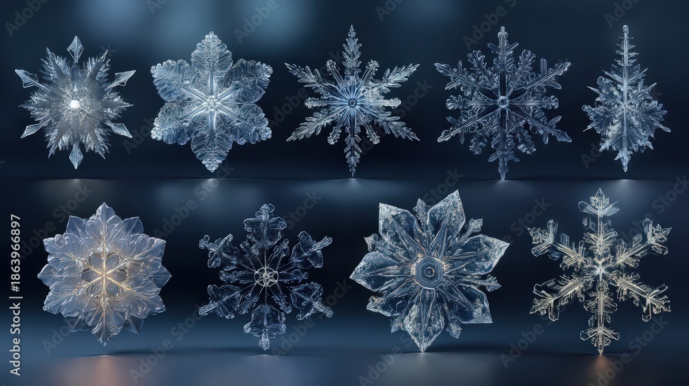 Different types of snowflakes displayed together on a dark background ...