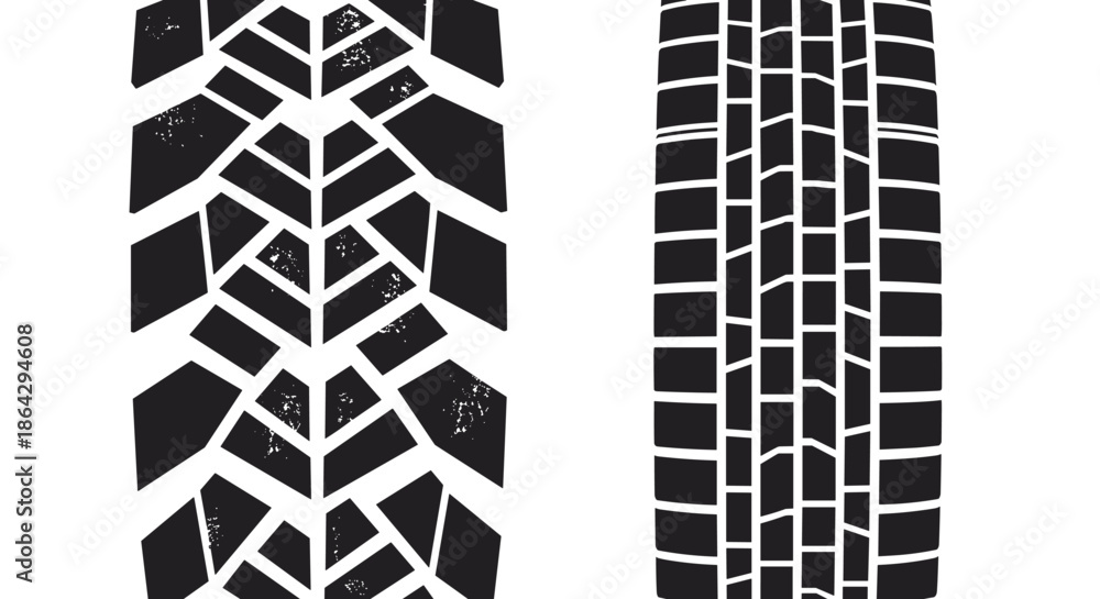 High-contrast tire tread patterns showing rugged off-road and standard ...