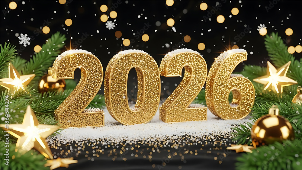 Illustration Stock Golden 2026 New Year 3D Numbers on Black Background ...