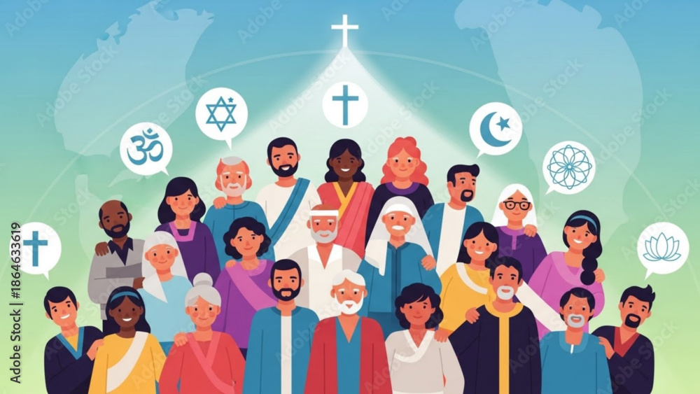 Diverse group of people from different cultures and religions standing ...