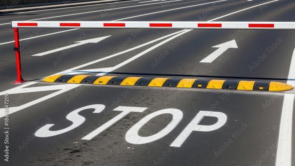 Traffic barrier with stop sign and speed bump on urban roadway ...