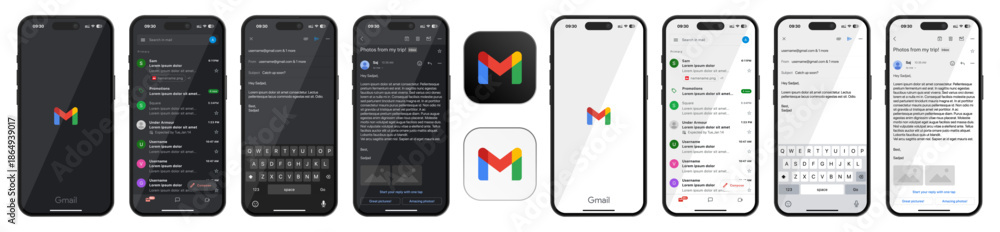 Gmail app UI template 2026 update featuring dark and light mode screens ...
