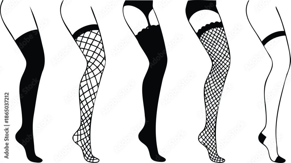 Line art side profile of five female legs wearing varied stockings ...