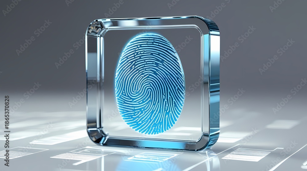 Illustration Stock Geometric glass stamp with a glowing blue digital ...