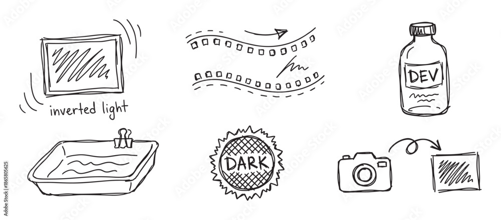 Set of hand-drawn analog photography icons showing the film development ...