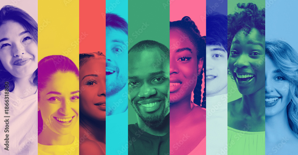 Colorful collage of smiling multiethnic people in vertical panels ...
