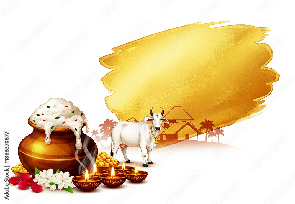 Pongal and Makar Sankranti Greeting Background with Holy Cow, Over ...