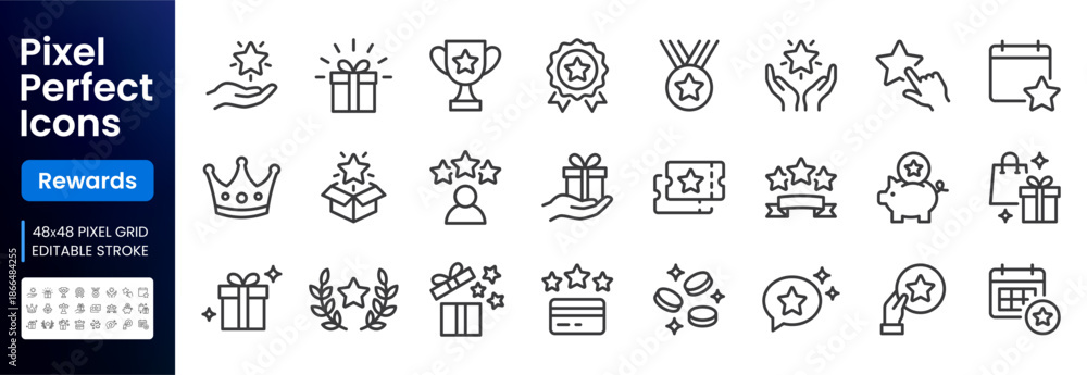 Loyalty and reward line icon set. Gift, VIP badge, trophy, loyalty card ...