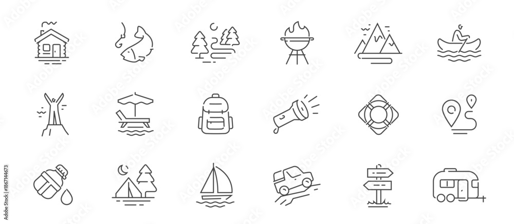 Outdoor activities set of icons in line style. Summer camp linear ...
