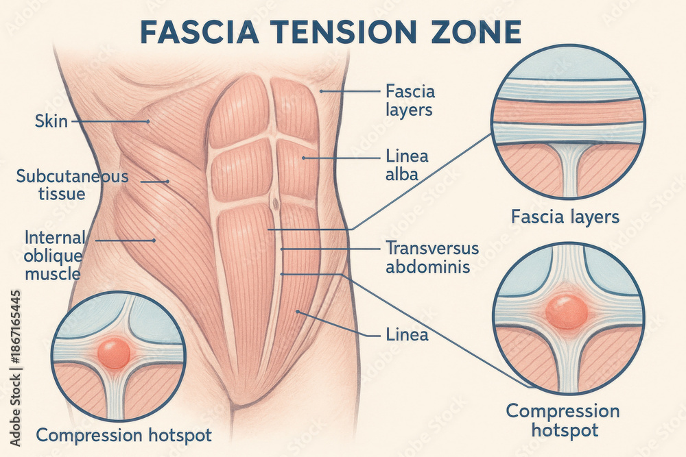 Стокова ілюстрація Detailed anatomy diagram of abdominal fascia tension ...
