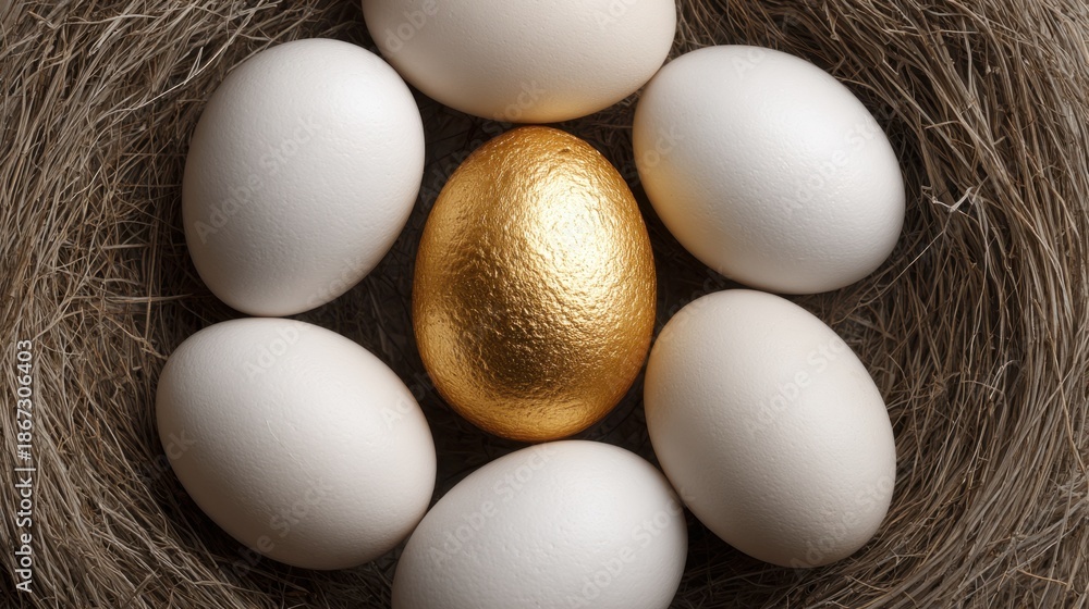 Golden Egg Amidst Simplicity: A singular golden egg nestled amongst a ...