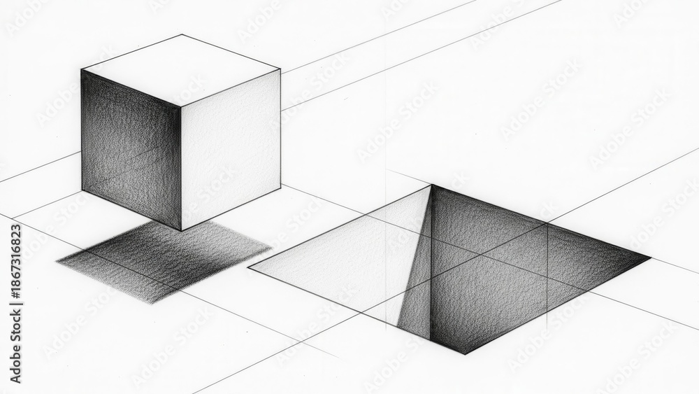 Geometric Cube and Pyramid Drawing with Shadows and Grid Lines Stock ...