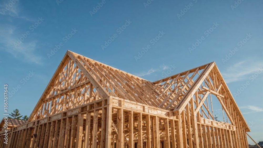 Wooden construction framework of a house under building process ...