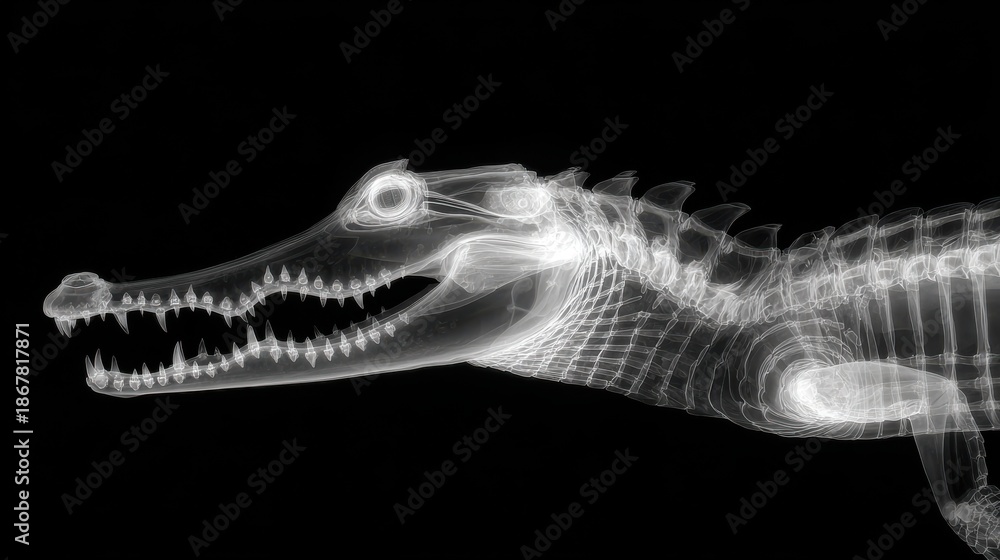 Scientific x-ray image of a crocodile skeleton showing reptile anatomy ...