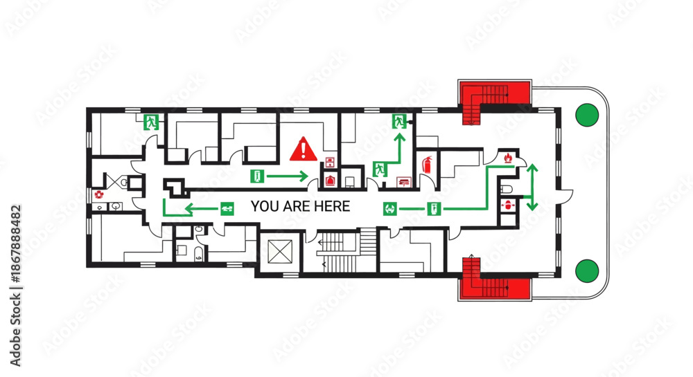Detailed building evacuation plan with green routes symbols including ...