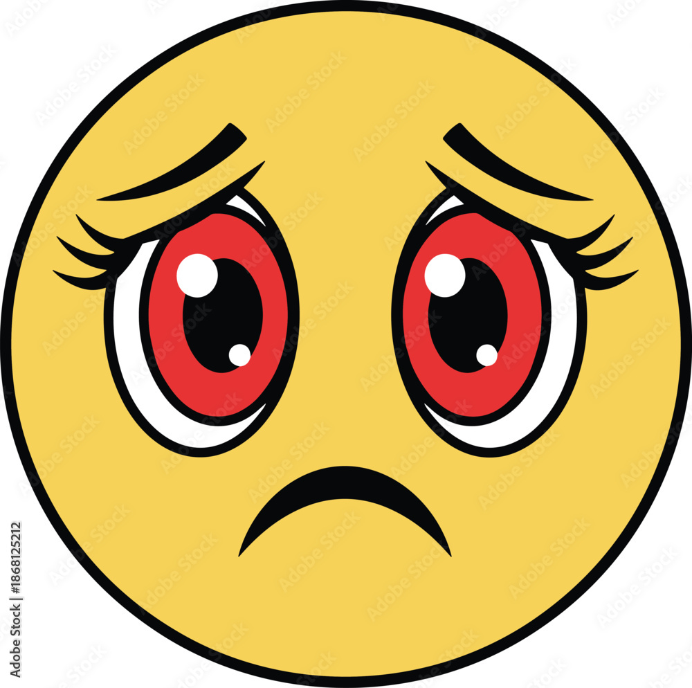 Sad emoji face illustration, red watery eyes, downturned mouth ...