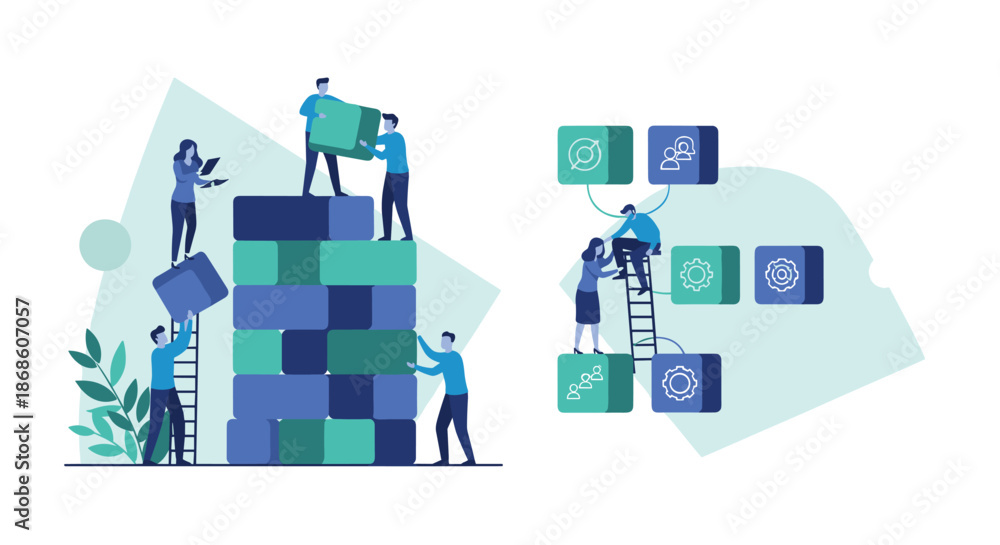 Image vectorielle Stock Two scenes showing collaborative teamwork, with ...