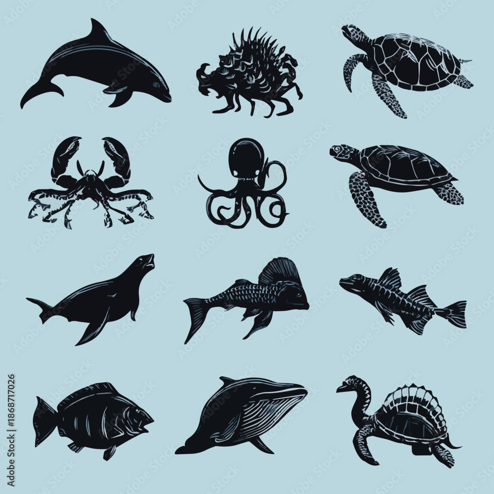 Stock-Vektorgrafik „Create a Sea life silhouette icons set – marine ...