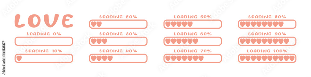Horizontal love loader progress set from 0 to 100 percent with ten ...