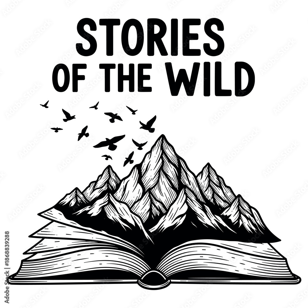 Stories of the wild: mountains and birds emerging from open book ...